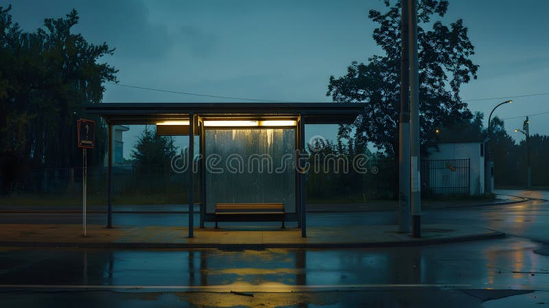 Generative AI Empty Bus Stop Complex on a Rainy Day Business Concept ...