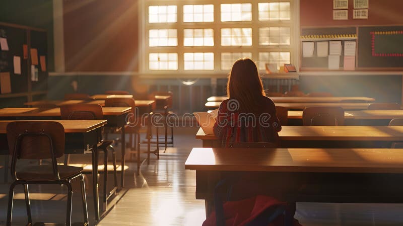 Generative AI Empty Class Room with Wood Tables and Female Teacher ...