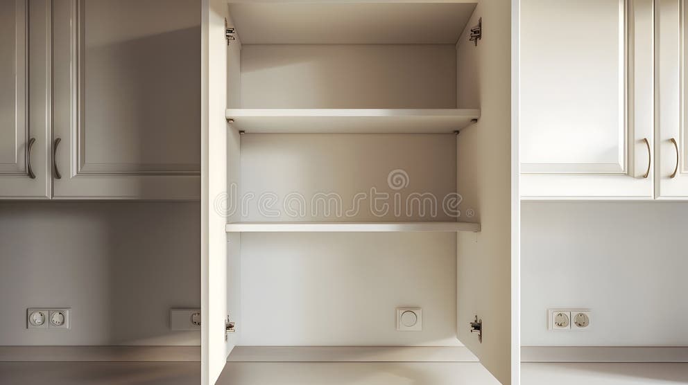 Generative AI Empty Cupboard with Shelves on Light Wall in Kitchen ...