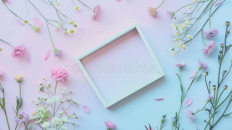 Generative AI Empty Frame and Flowers Flat Lay on Pastel Background ...