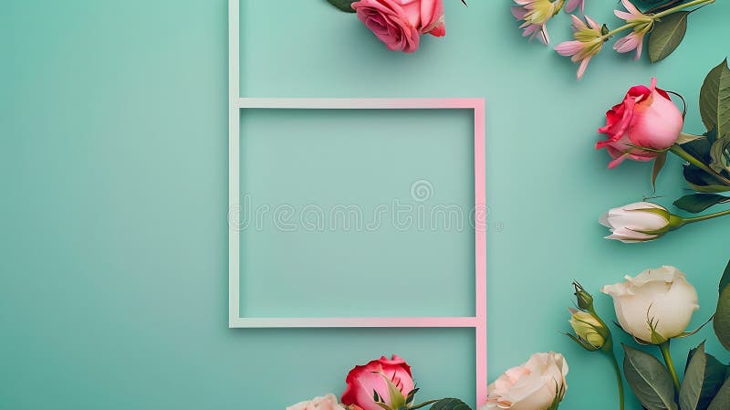Generative AI Empty Frame and Flowers Flat Lay on Pastel Background ...