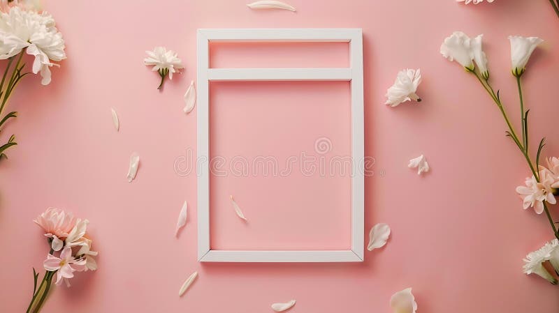 Generative AI Empty Frame and Flowers Flat Lay on Pastel Background ...