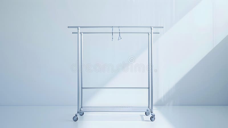 Generative AI Empty Metal Clothing Rack with Wheels on White Background ...