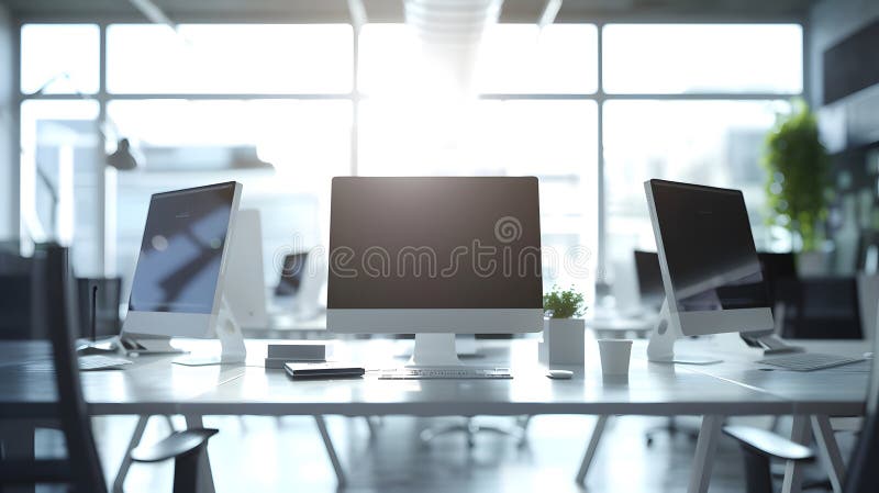 Generative AI Empty Modern Workspace with Computers Arranged on Table Business Concept. Stock ...