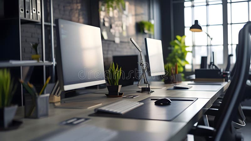 Generative AI Empty Modern Workspace with Computers Arranged on Table Business Concept. Stock ...