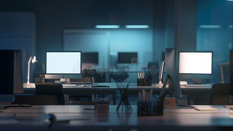 Generative AI Empty Modern Workspace with Computers Arranged on Table Business Concept. Stock ...