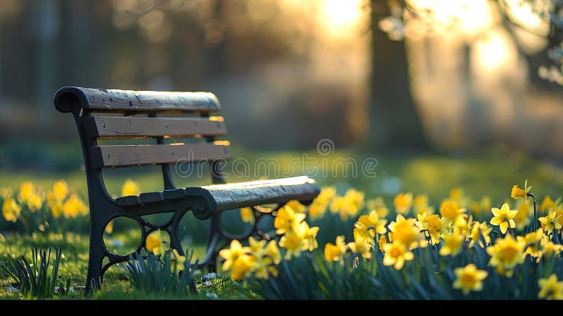 Generative AI Empty Park Bench Surrounded by Daffodils during Early ...