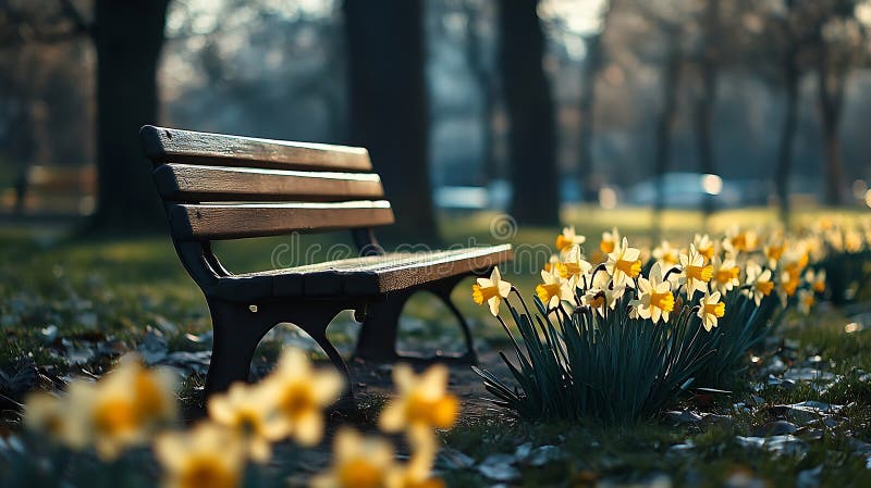 Generative AI Empty Park Bench Surrounded by Daffodils during Early ...