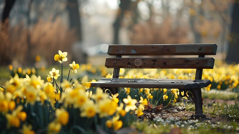 Generative AI Empty Park Bench Surrounded by Daffodils during Early ...