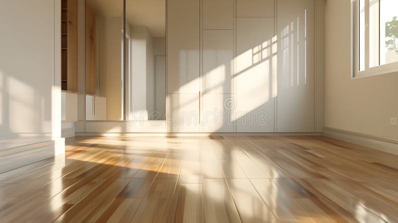 Generative AI an Empty Room with Wood Floors and White Cupboards on the ...