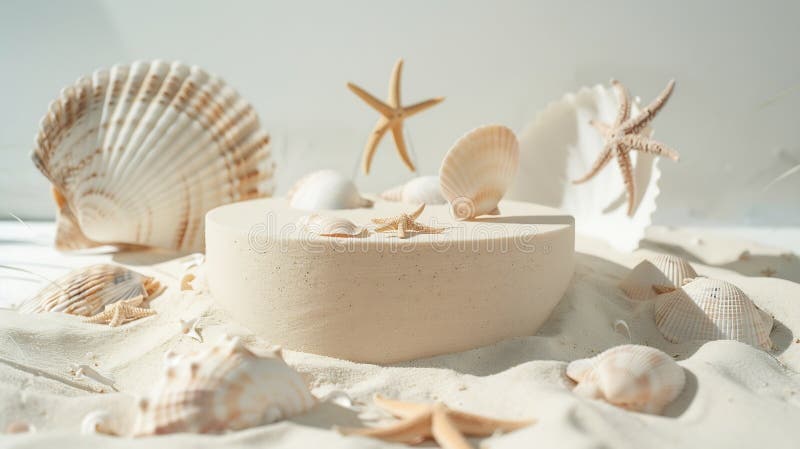 Generative AI Empty Round Beige Platform Podium with Sea Shells and ...
