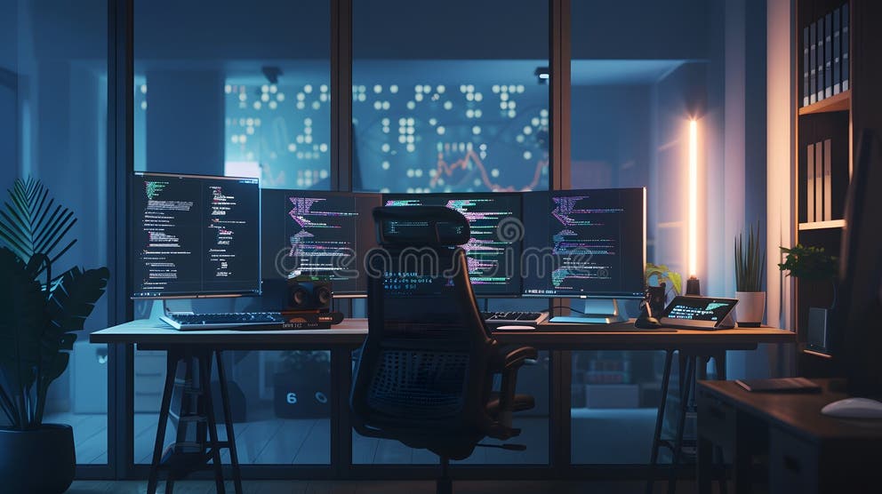 Generative AI Empty Software Developer Office Workplace with a Desk with Multiple Computer ...