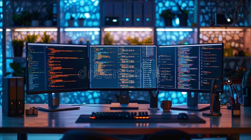 Generative AI Empty Software Developer Office Workplace with a Desk with Multiple Computer ...