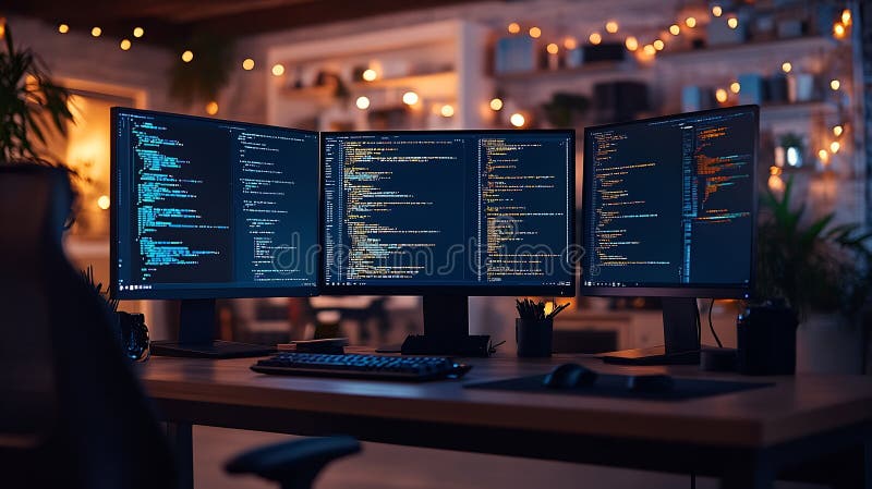 Generative AI Empty Software Developer Office Workplace with a Desk with Multiple Computer ...