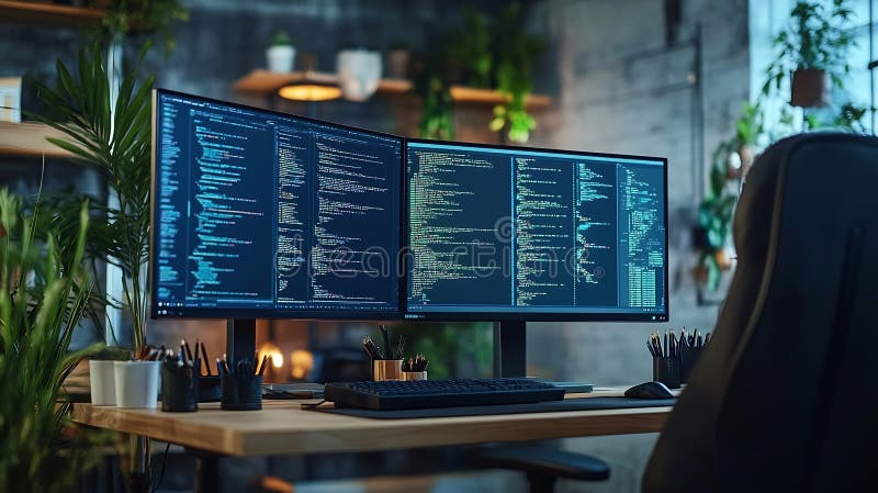 Generative AI Empty Software Developer Office Workplace with a Desk with Multiple Computer ...
