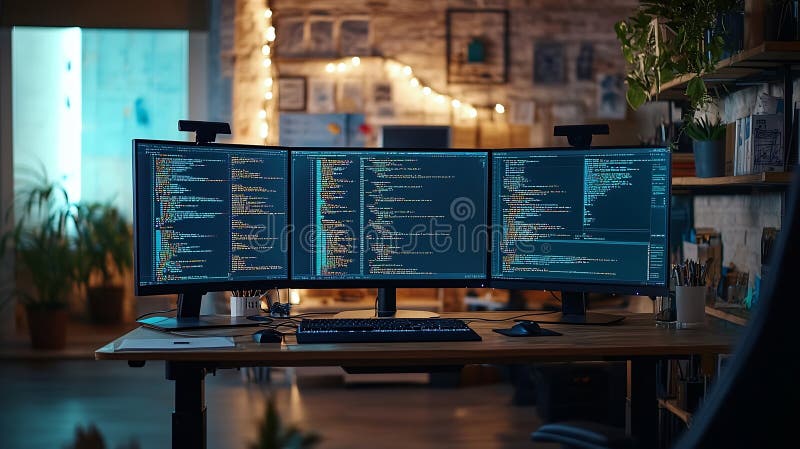 Generative AI Empty Software Developer Office Workplace with a Desk with Multiple Computer ...