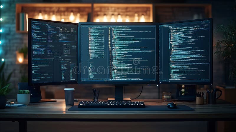 Generative AI Empty Software Developer Office Workplace with a Desk with Multiple Computer ...
