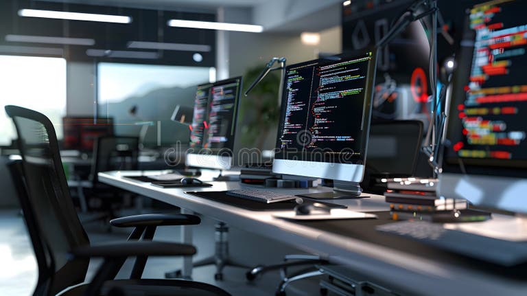 Generative AI Empty Software Developer Office Workplace with a Desk with Multiple Computer ...