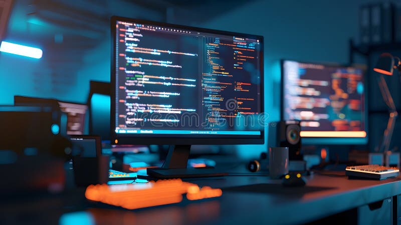 Generative AI Empty Software Developer Office Workplace with a Desk with Multiple Computer ...