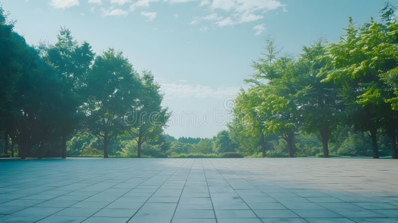 Generative AI Empty Square Floor and Green Forest Under Blue Sky ...