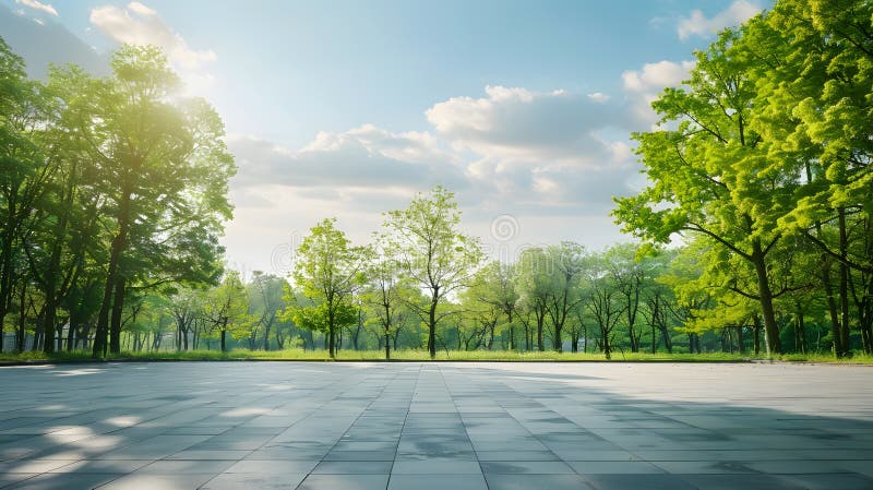 Generative AI Empty Square Floor and Green Forest Under Blue Sky ...