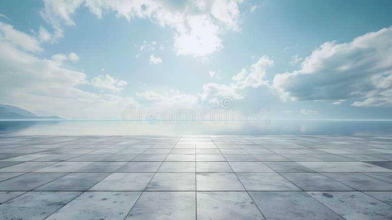 Generative AI Empty Square Floor and Lake with Sky Cloud Landscape ...