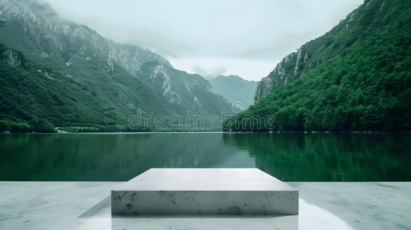 Generative AI Empty Square Platform and Green Mountain with Lake ...