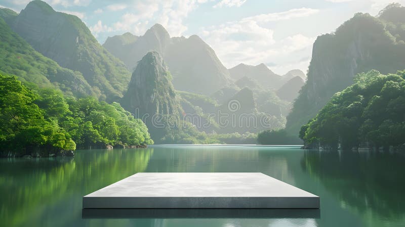 Generative AI Empty Square Platform and Green Mountain with Lake ...