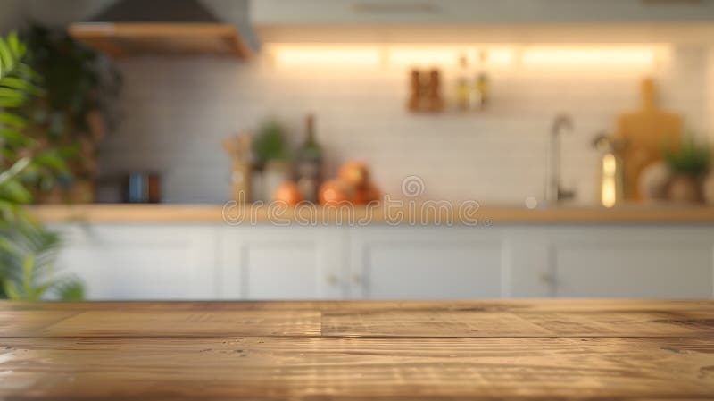 Generative AI Empty Table Board and Defocused Modern Kitchen Background ...