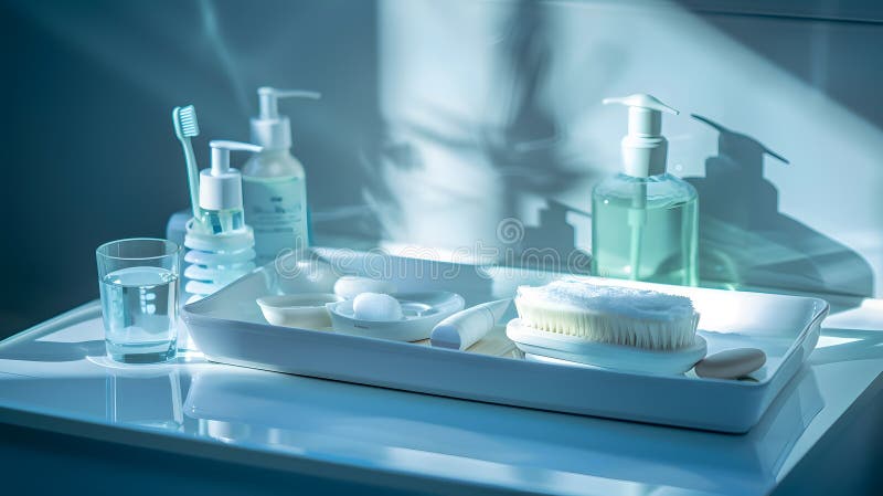 Generative AI Empty Tray on Bathroom Table with Various Hygiene Eco ...