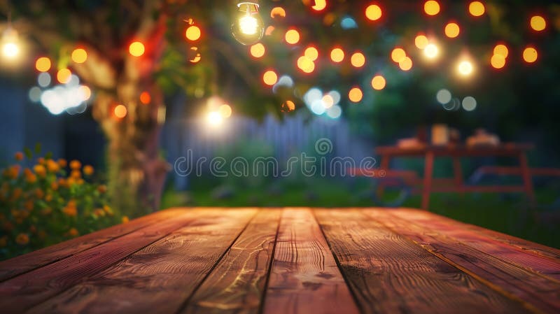Generative AI Empty Wooden Table with Party in Backyard at Night ...