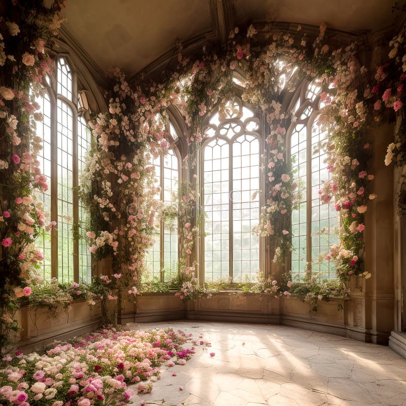 Generative AI: Enchanted Fairy Tale Arch with Flowers in a Castle Stock ...