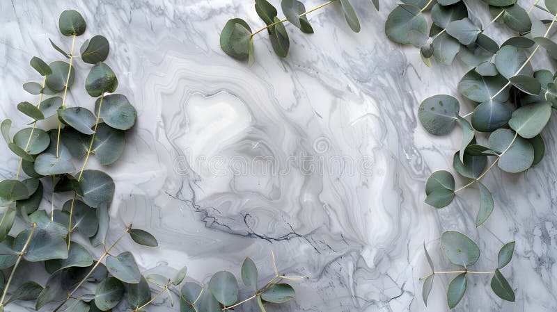 Generative AI Eucalyptus Leaves on Grey Marble Background Frame Made of ...