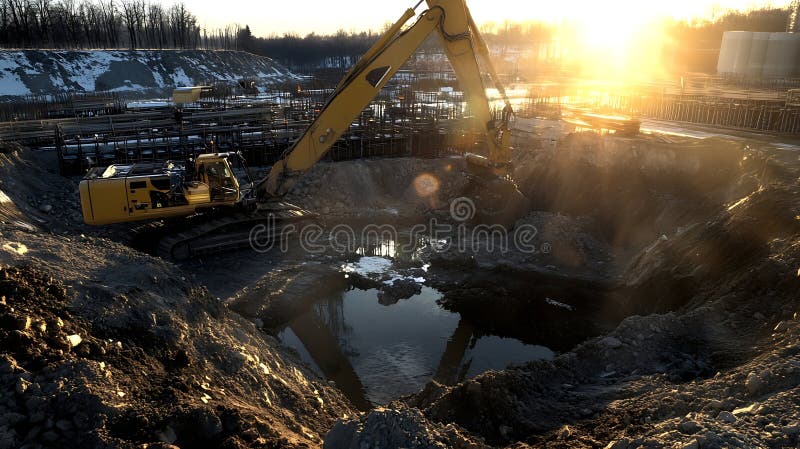 Generative AI Excavator Operating in Deep Pit during Construction at ...