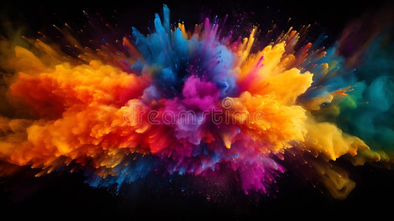 Generative AI Explosion of Colored Powder, Isolated on Black Background ...