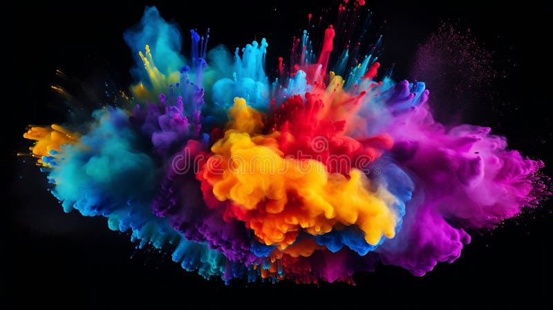 Generative AI Explosion of Colored Powder, Isolated on Black Background ...