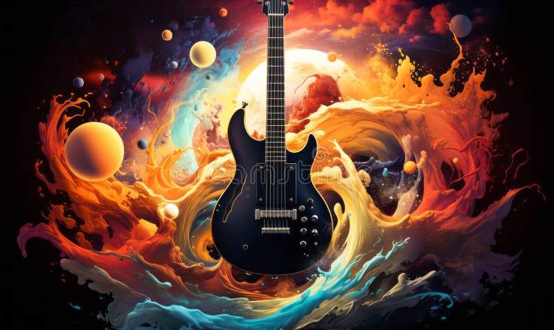 Explosive Cosmic Symphony with a Guitar Emerging from Vivid Celestial ...
