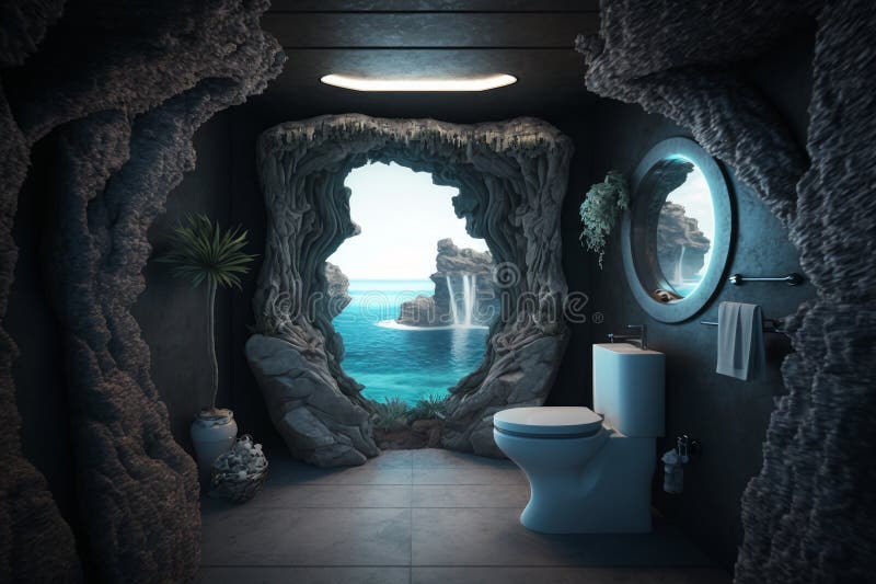 Generative AI of a Fantasy Bathroom in a Cave with a Sea View Stock ...