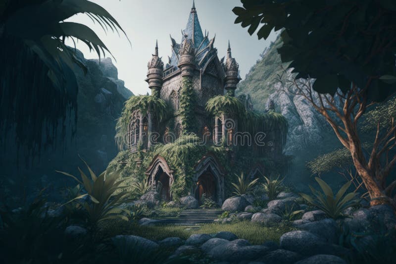 Generative AI of a Fantasy Castle in the Jungle. Fantasy Landscape ...
