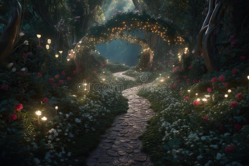Generative AI of Fantasy Garden with Pathway and Flowers at Night Stock ...