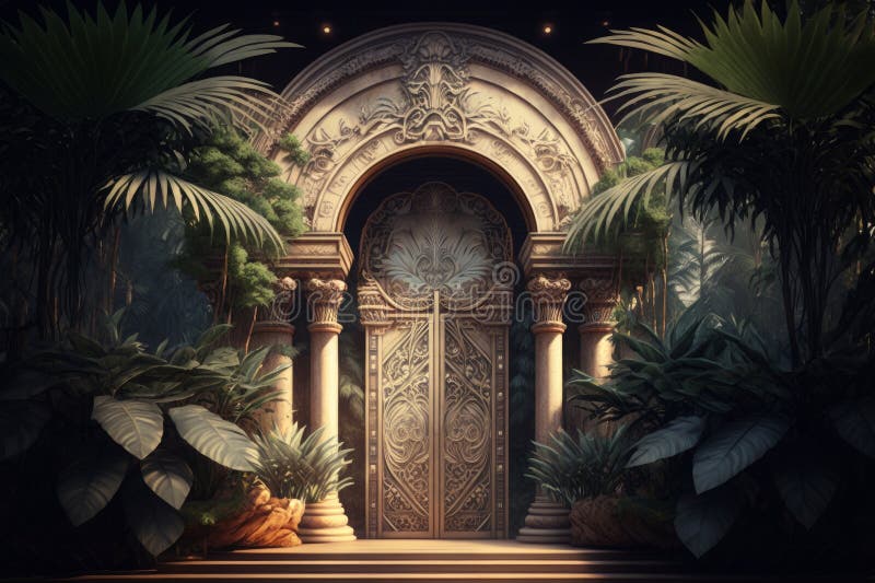 Generative AI of a Fantasy Room with Palm Trees and a Door Stock ...
