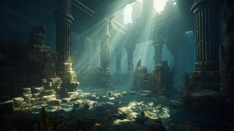 Generative AI of a Fantasy Temple Underwater Scene with Mirror Stock ...