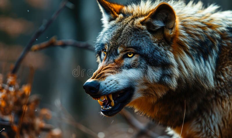 Ferocious Grey Wolf Snarling Aggressively in the Forest, Showcasing ...
