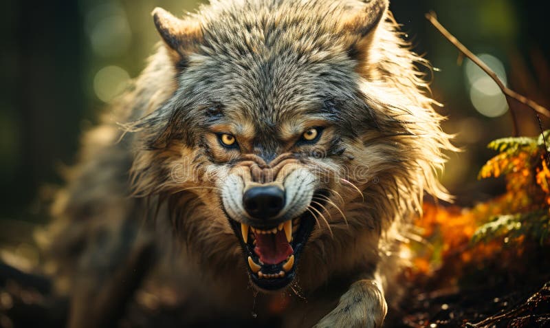 Ferocious Grey Wolf Snarling Aggressively in the Forest, Showcasing ...