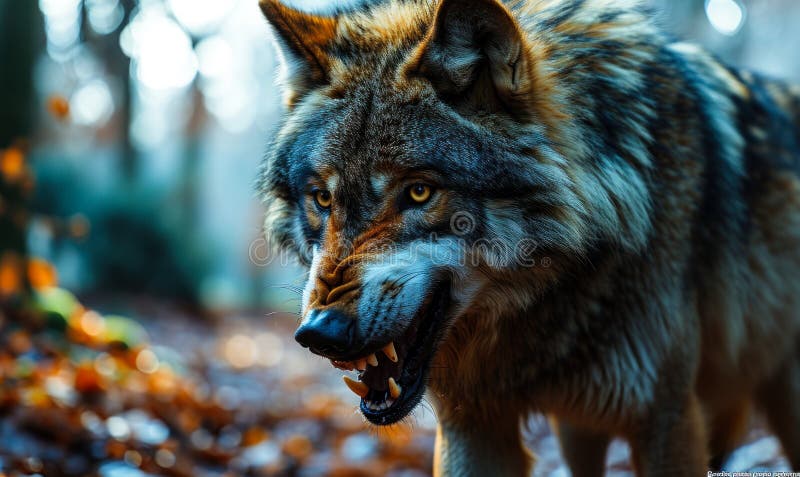 Ferocious Grey Wolf Snarling Aggressively in the Forest, Showcasing ...