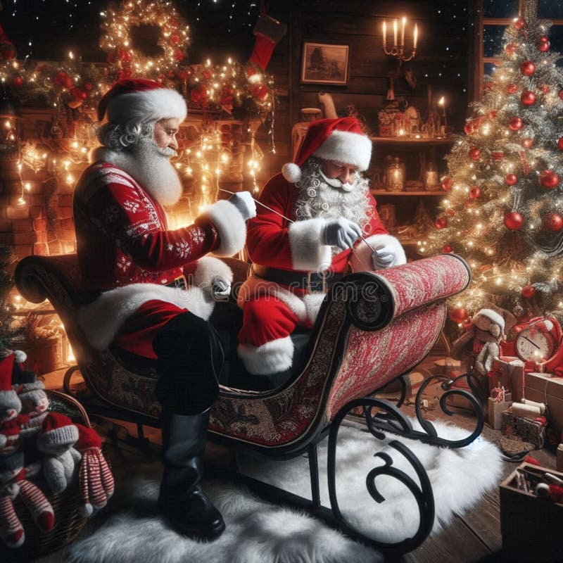 Two Santa Clauses in a Cozy Workshop. Stock Illustration - Illustration ...