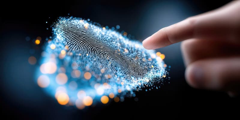 Generative AI Finger Touching Digital Fingerprint Scan with Glowing Particles Representing ...