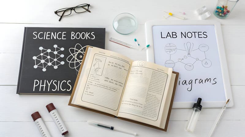 Generative AI Flat Lay of Open Science Books, Lab Notes, and Test ...