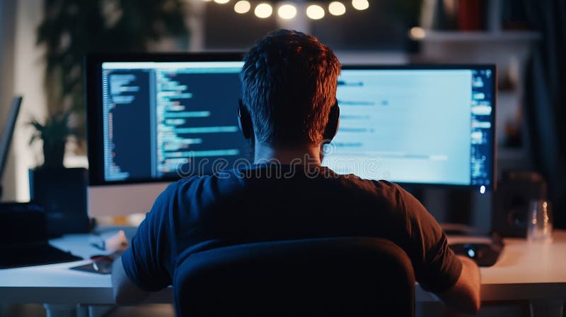 Generative AI Focused Person Working Late at Night in Front of Multiple Computer Screens with ...