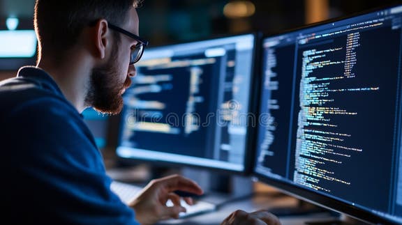Generative AI Focused Programmer Working Late at Night with Dual Monitors Displaying Code and ...